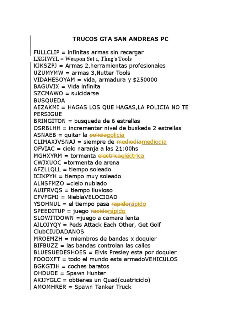 Claves TRUCOS GTA SAN ANDREAS PC | PDF