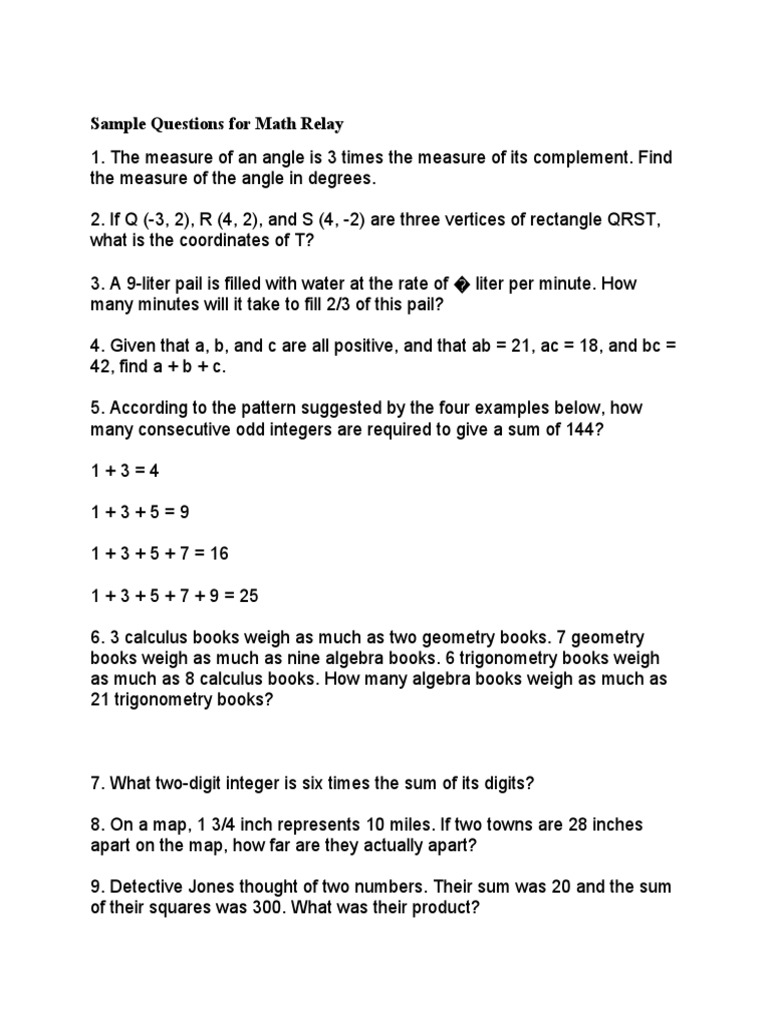 Sample Questions For Math Relay | Download Free PDF | Numbers | Pi