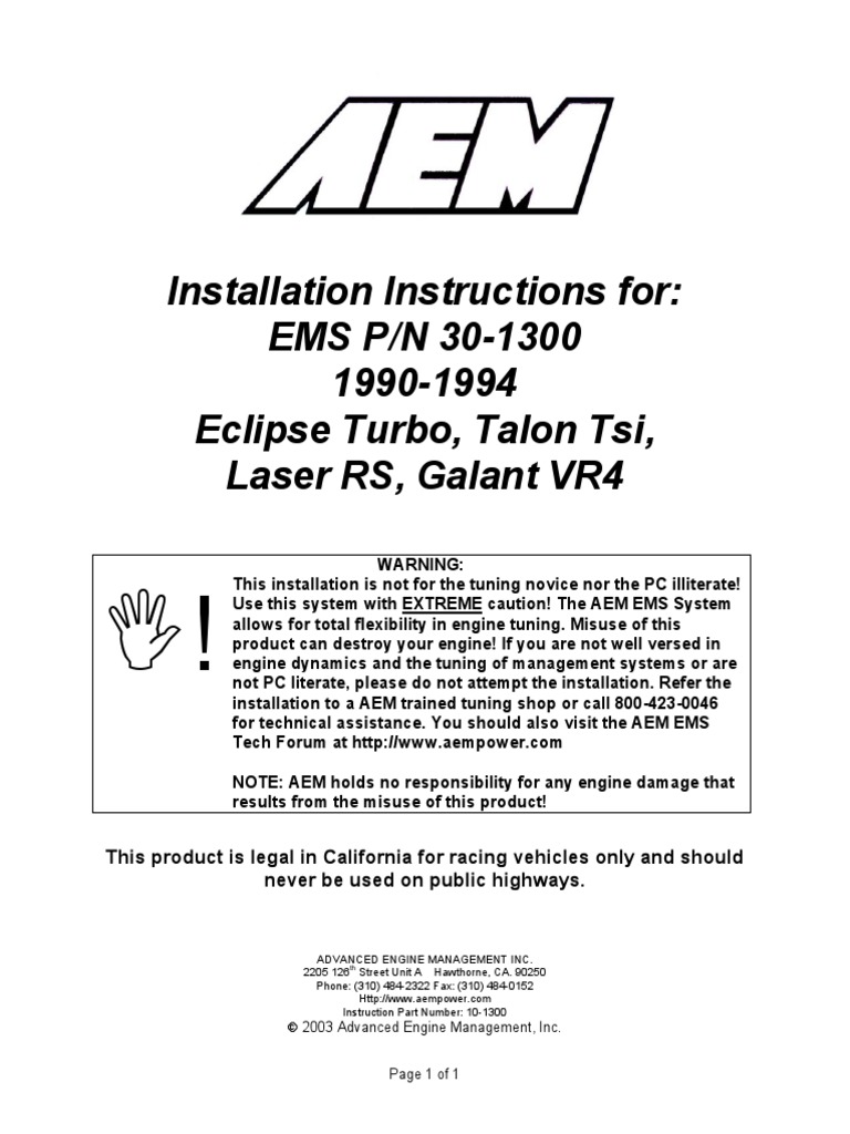 Installation Instructions For: EMS P/N 30-1300 1990-1994 Eclipse Turbo, Talon Tsi, Laser RS ...