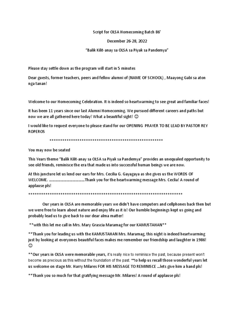 Script For OLSA Homecoming Batch 86 | PDF