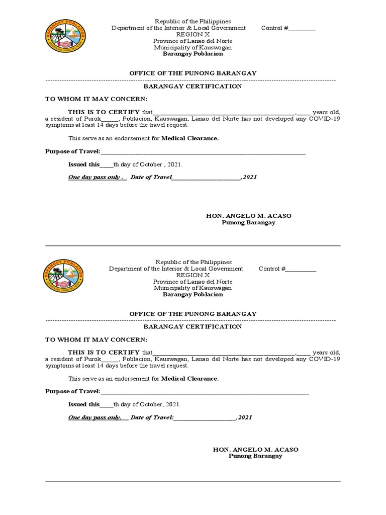 Barangay Cert For Travel | PDF