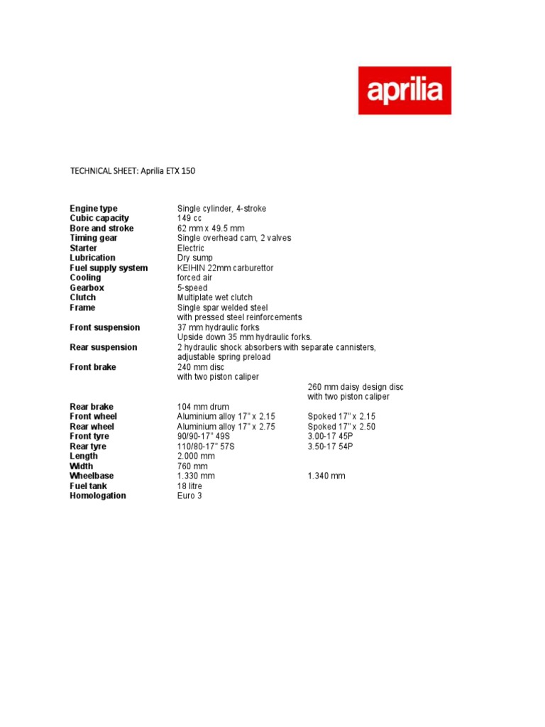 TECHNICAL SHEET Aprilia ETX 150 | PDF
