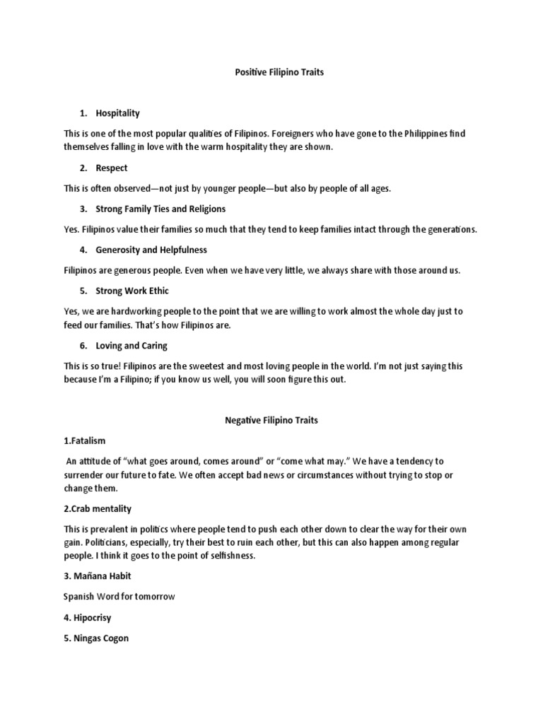 Positive and Negative Filipino Traits | PDF | Self-Improvement | Lifestyle