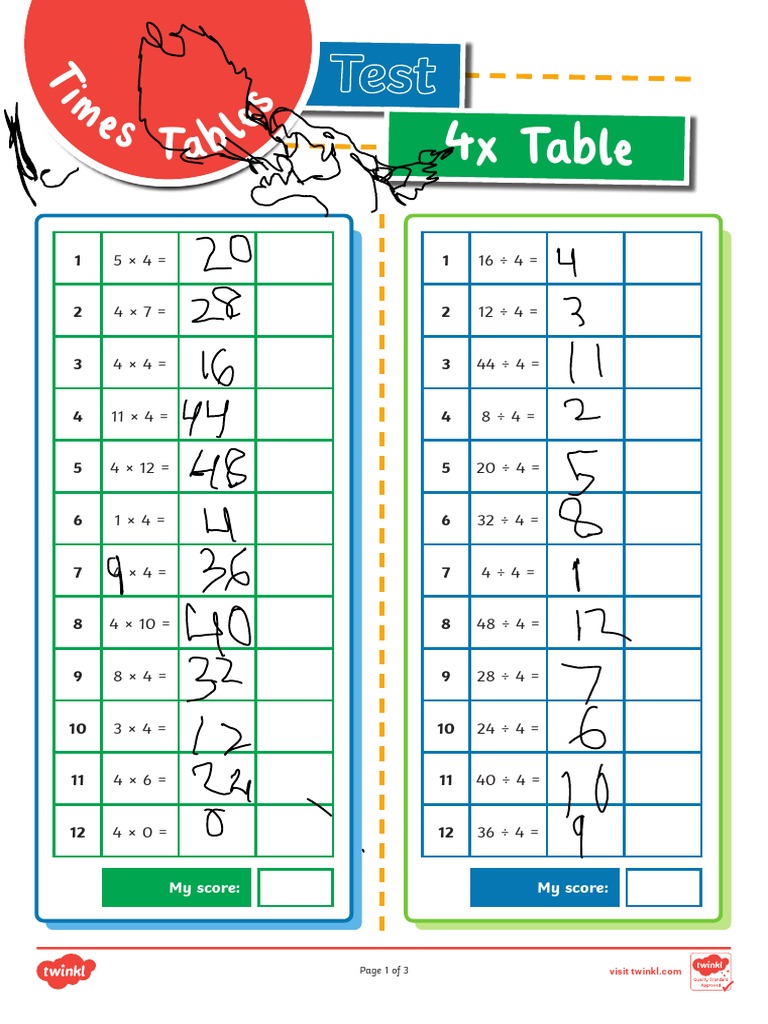 4 Times Table Test and Answers | PDF