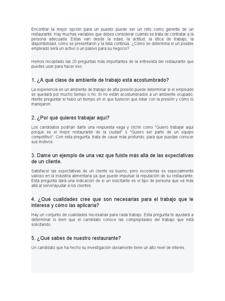 Preguntas para Entrevista | PDF | Salario | Entrevista de trabajo