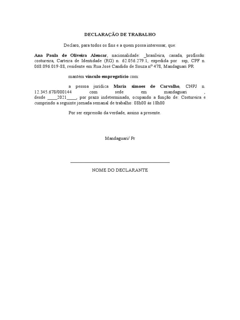 Modelo Declaracao Trabalho | PDF Modelo Declaracao Trabalho | PDF