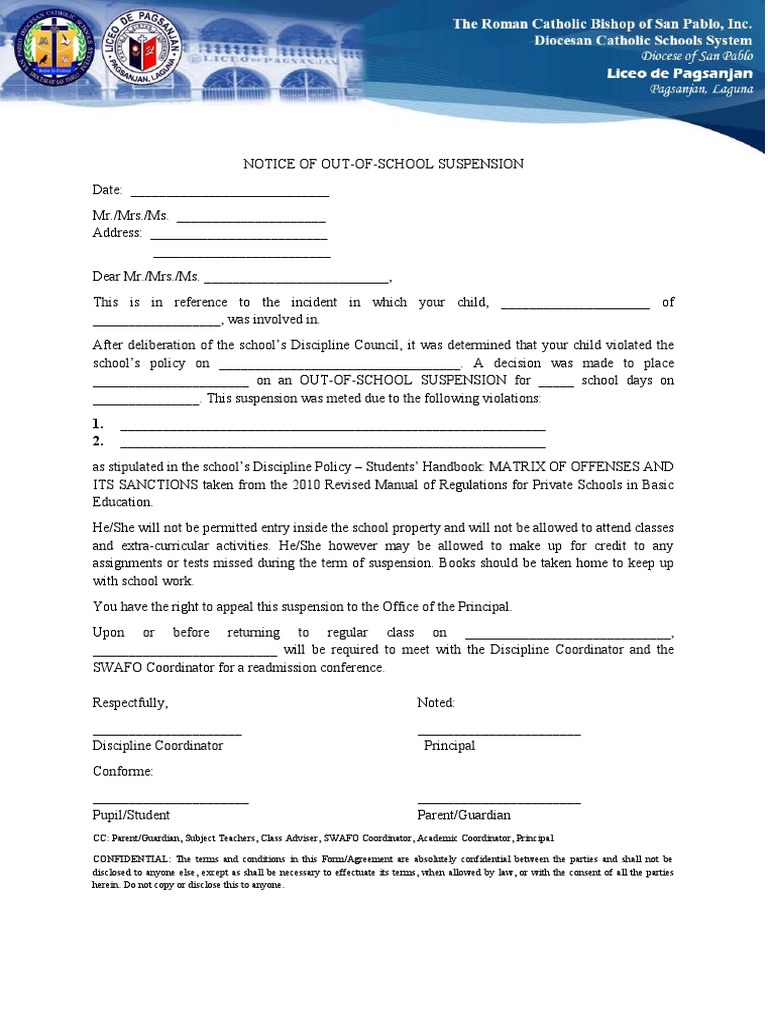 Notice of Out of School Suspension | PDF | Social Institutions | Justice