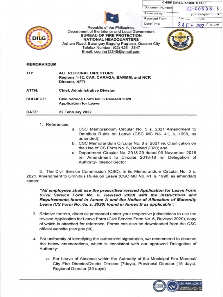 BFP Memo CSC Form 6 BFP Leave | PDF | Public Sphere | Government ...