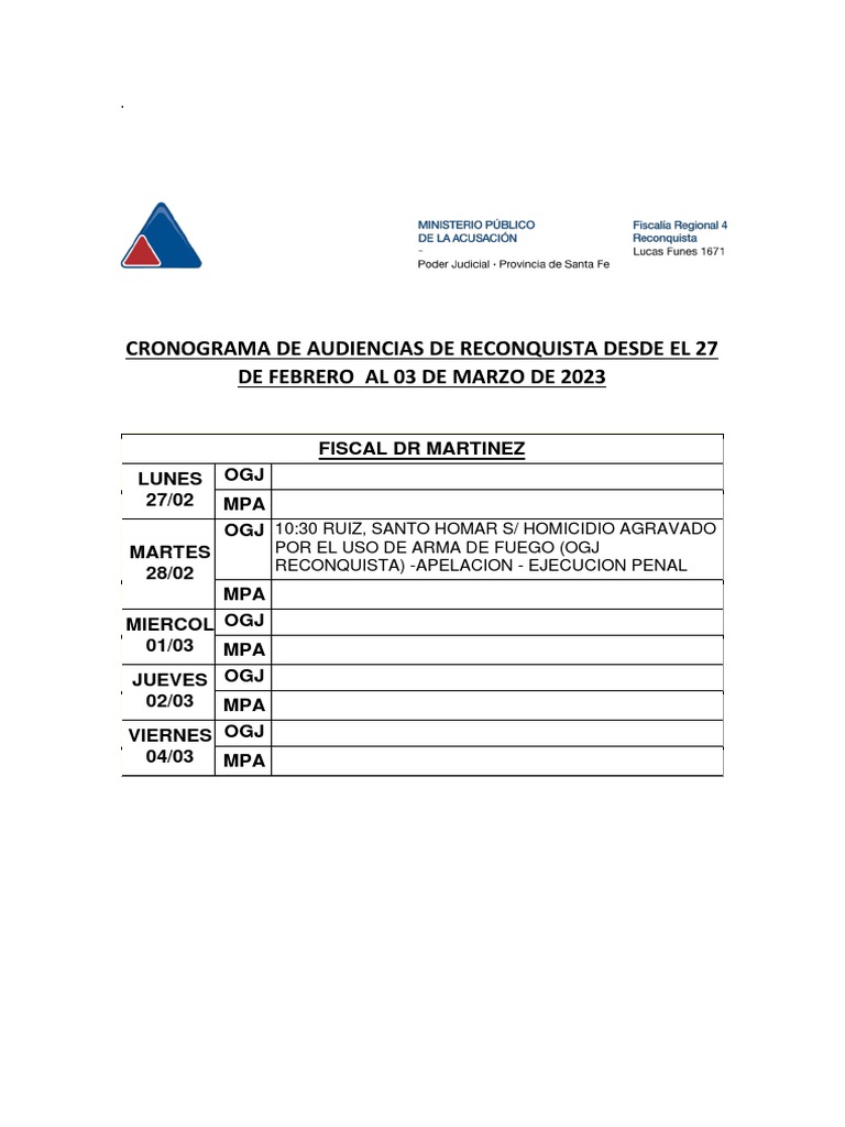Cronograma de Audiencias de Reconquista Desde El 27 de Febrero Al 03 de ... Cronograma de Audiencias de Reconquista Desde El 27 de Febrero Al 03 de ...