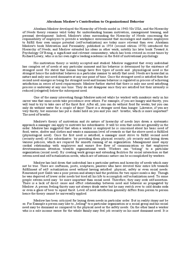 Contribution of Abraham Maslow To OB | PDF | Motivation | Motivational