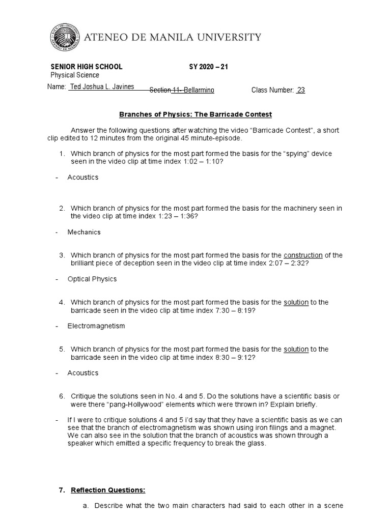 Ted Joshua Javines - Worksheet 6 Branches of Physics | PDF | Physics | Applied And ...