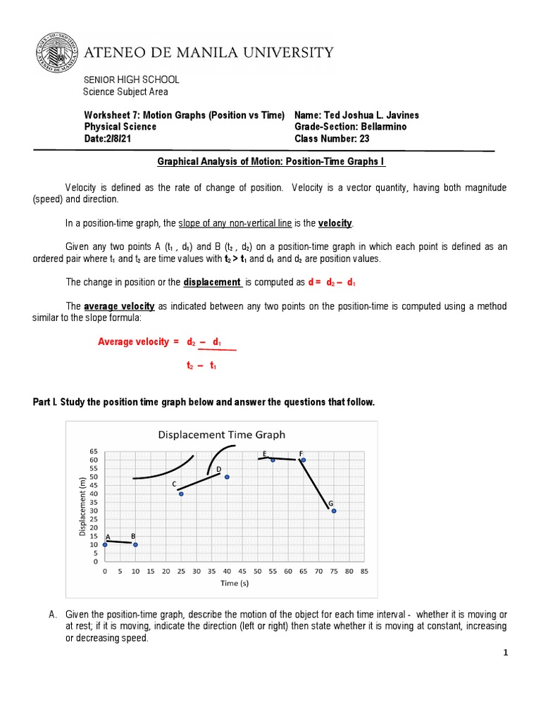 Ted Joshua Javines - Worksheet 7 Motion Graphs | PDF | Velocity | Time