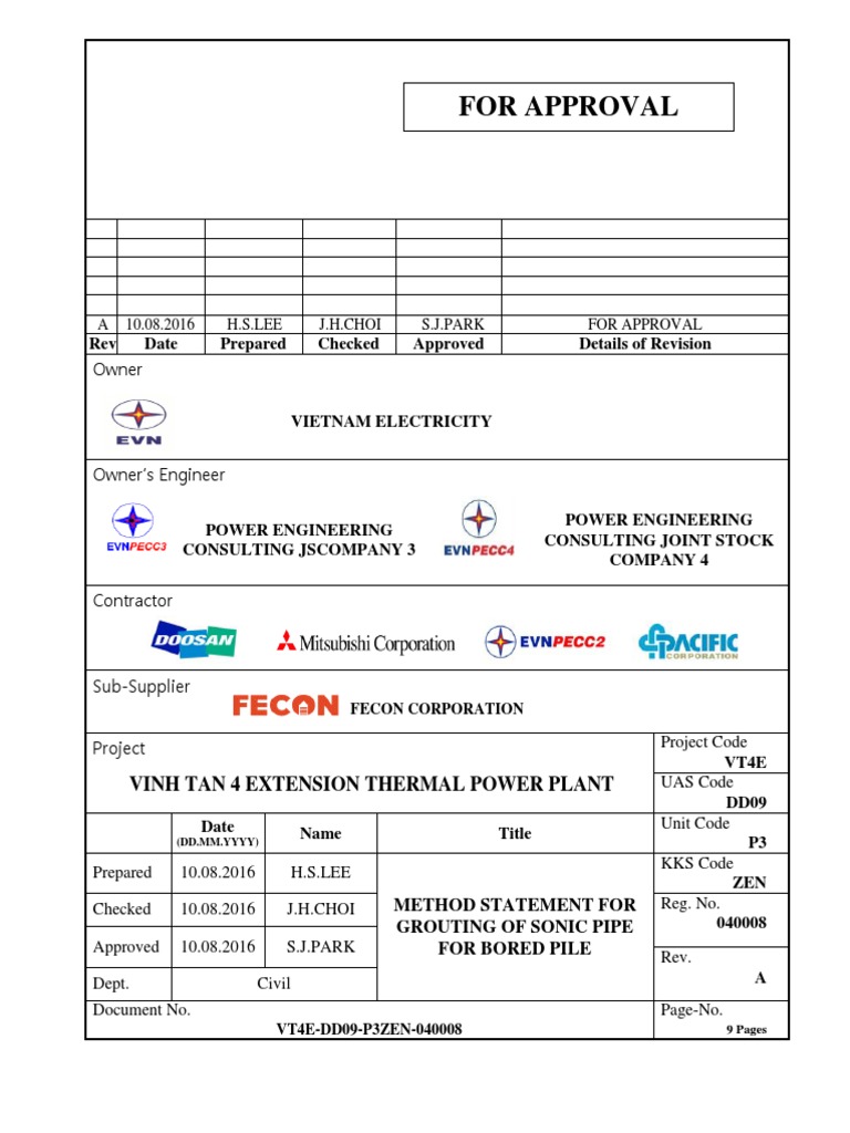 Sonic Pipe Grouting Method Statement | PDF | Personal Protective ...