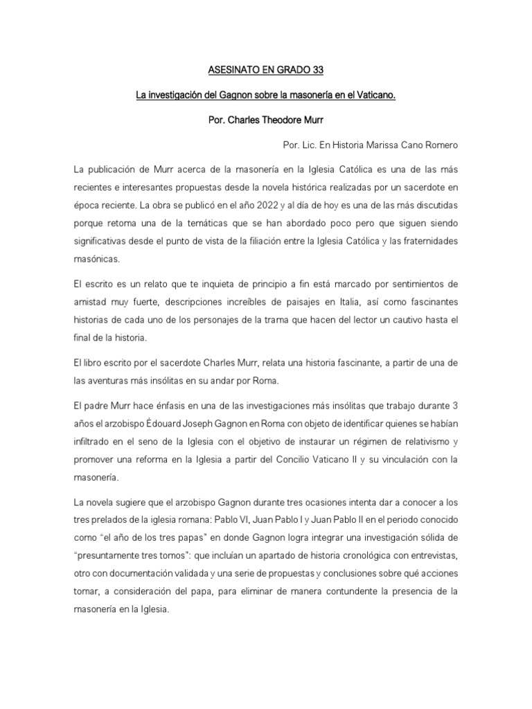 Reseña Del Libro Asesinato en Grado 33 | PDF | Papa | Iglesia Católica