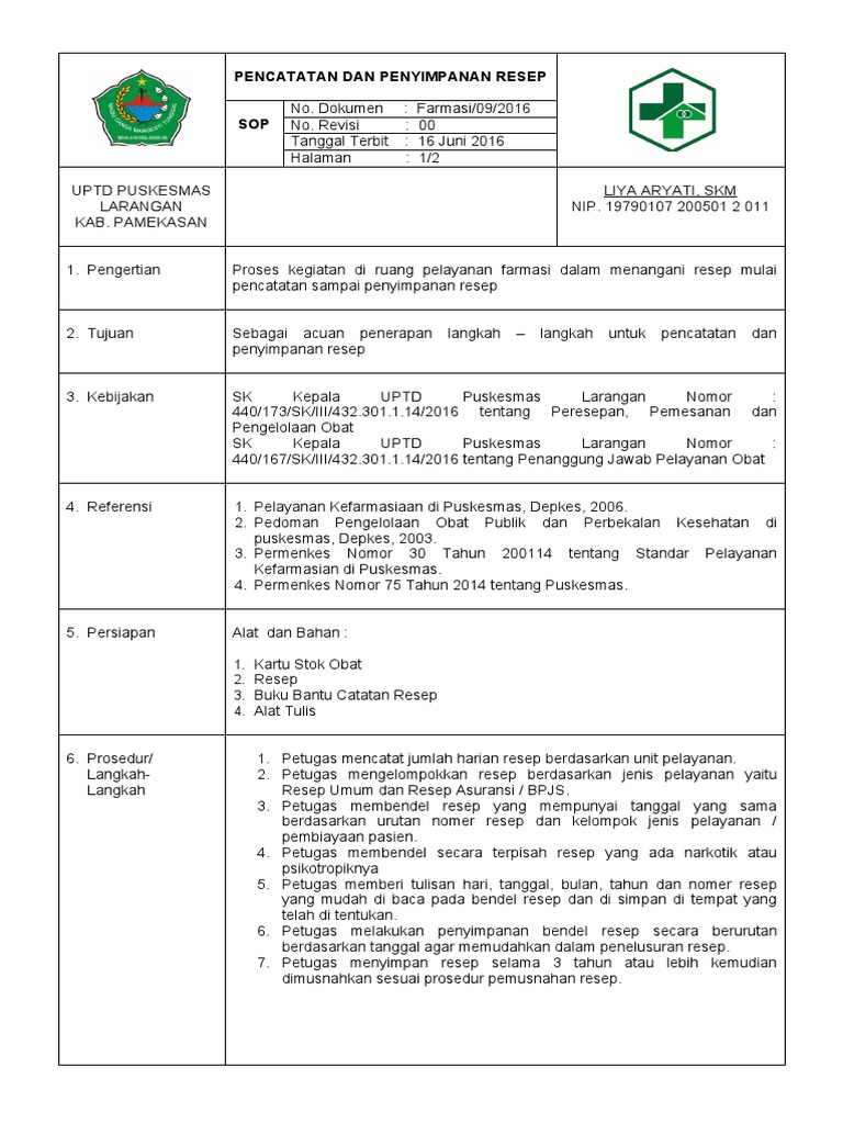 SOP Pencatatan dan Penyimpanan Resep | PDF | Kesehatan Holistik