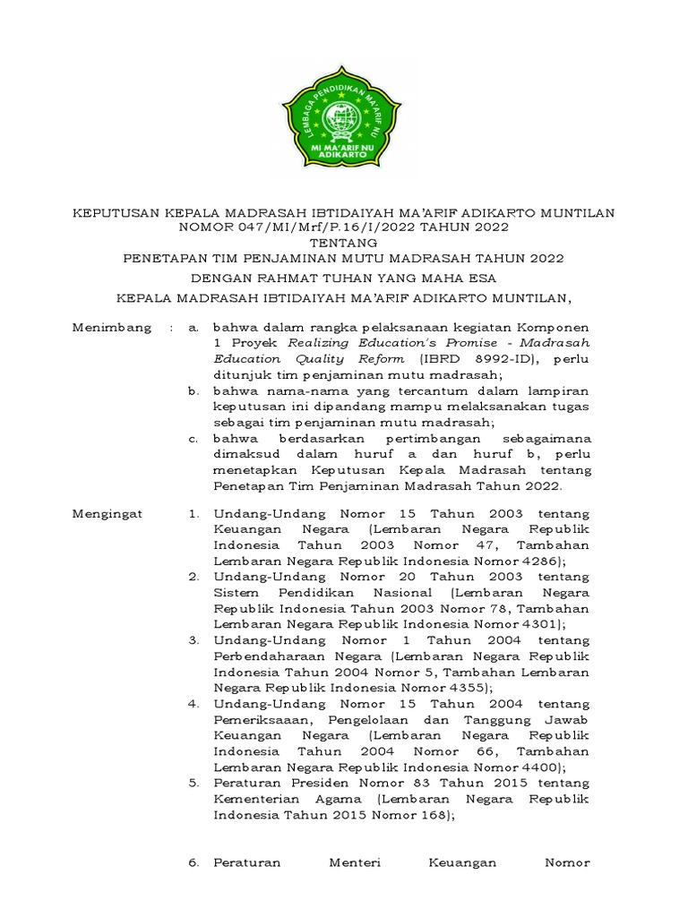 Contoh SK Tim Penjamin Mutu Madrasah Edit | PDF