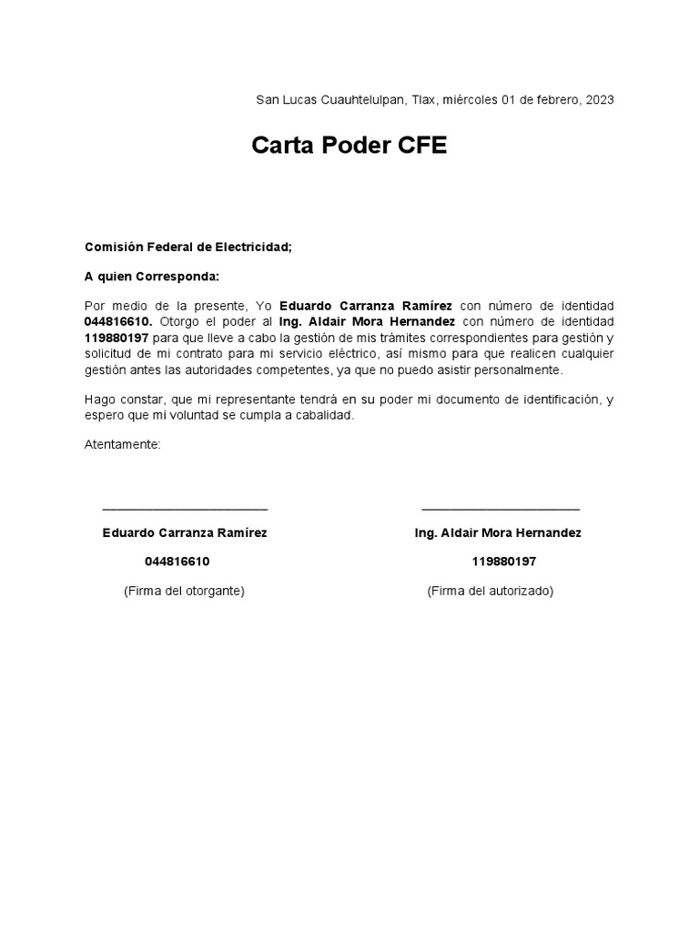 Carta Poder CFE | PDF