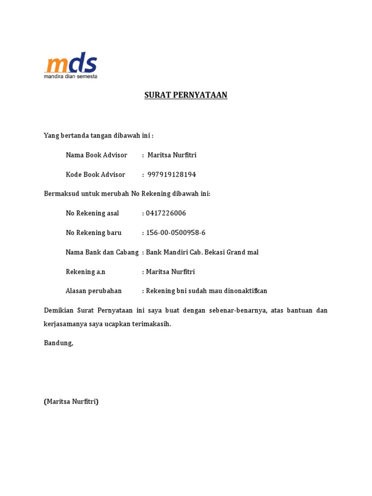 Surat Pernyataan Perubahan Rekening | PDF