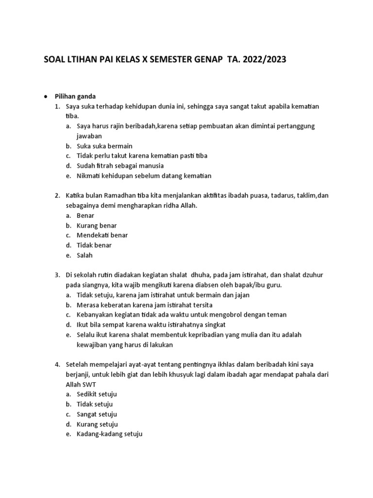 Soal Latihan Agama Kelas X Semester Genap | PDF | Karier & Perkembangan | Kajian Bahasa Asing