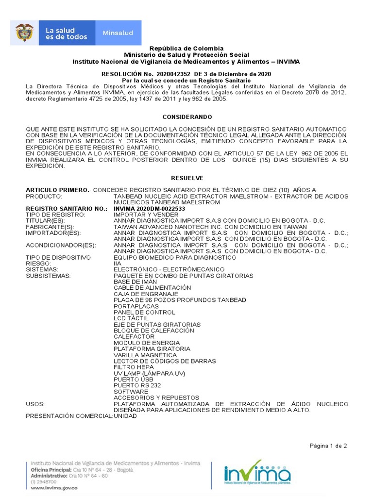 1.copia Registro Sanitario - Invima 2020DM-0022533 | PDF
