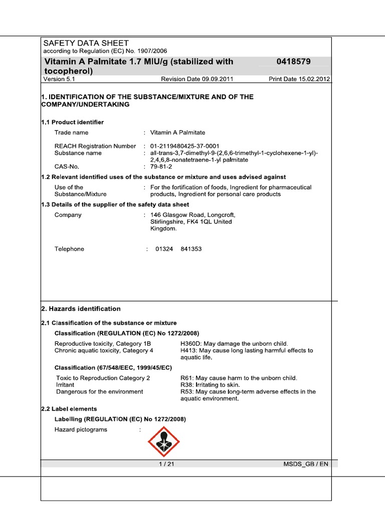 Vitamin A Palmitate MSDS | PDF