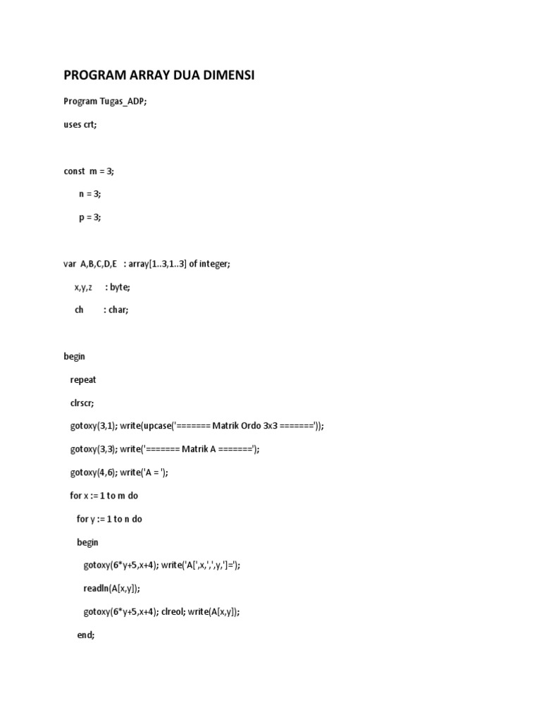 Program Penjumlahan & Perkalian Matriks 3x3 | PDF