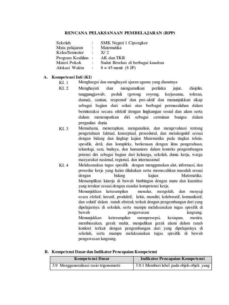 Rencana Pelaksanaan Pembelajaran (RPP) : A. Kompetensi Inti (KI) | PDF