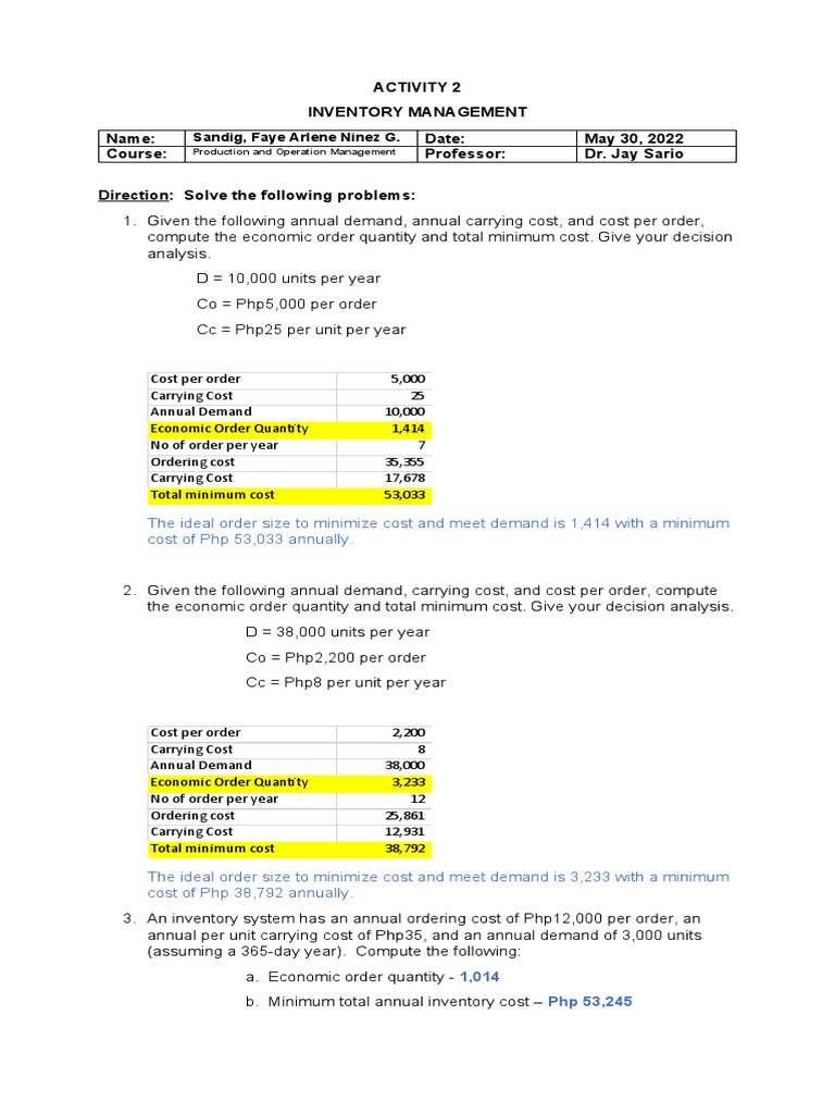 Activity 2 - Inventory Management | PDF | Systems Analysis | Financial ...