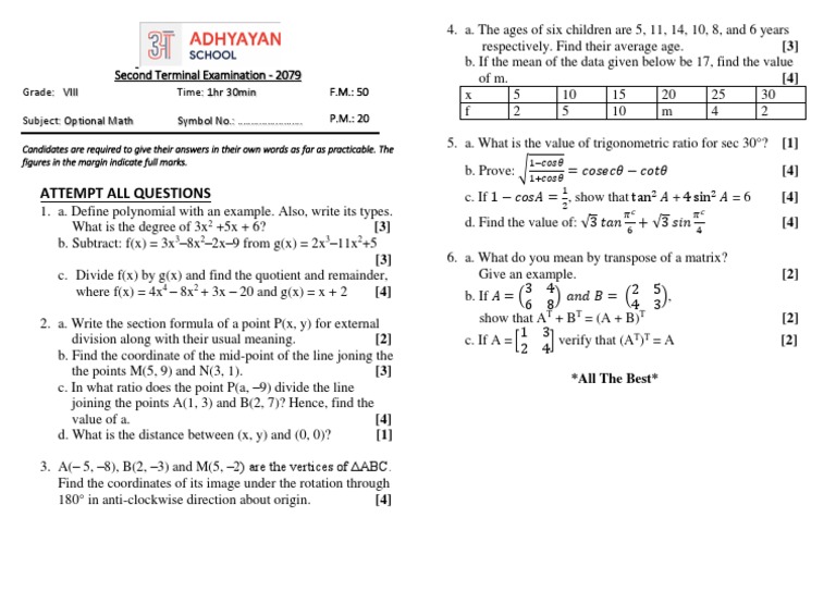 Grade - 8 O.Math Second Term - 2079 | PDF | Polynomial | Mathematics