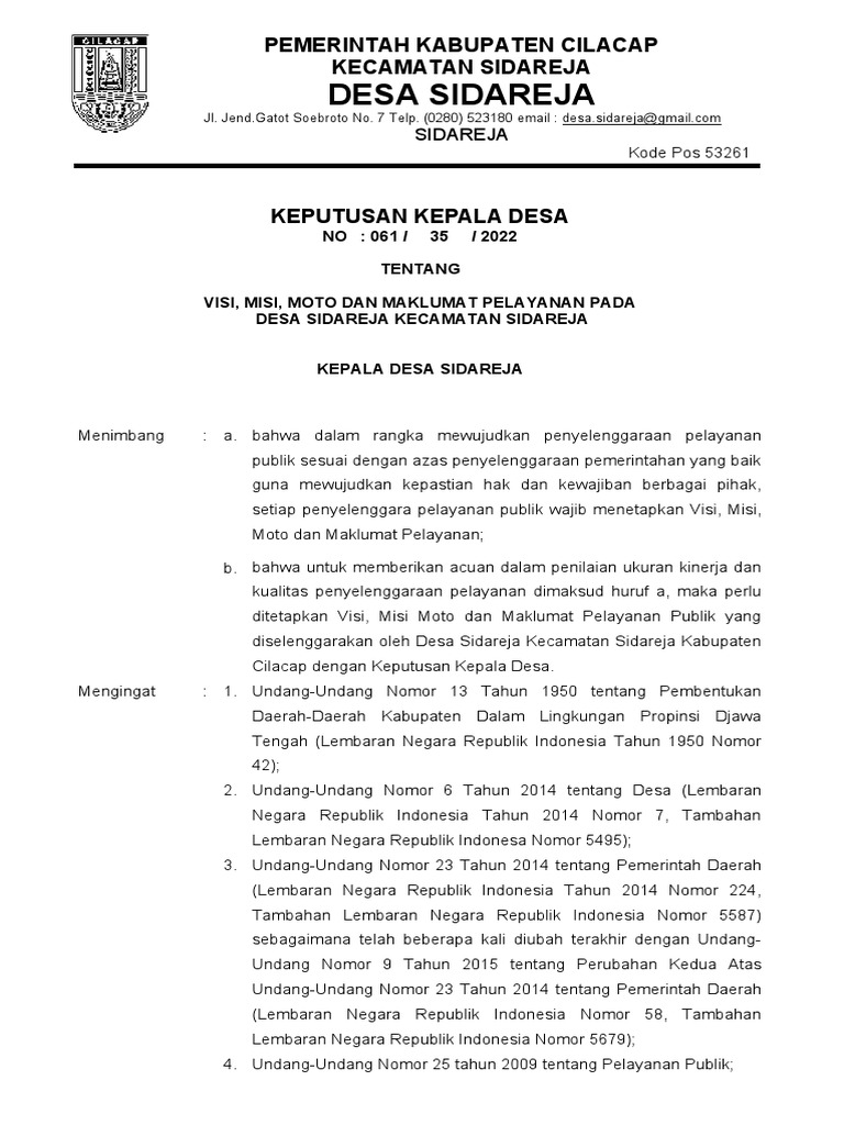 Visi dan Misi Pelayanan Desa Sidareja | PDF
