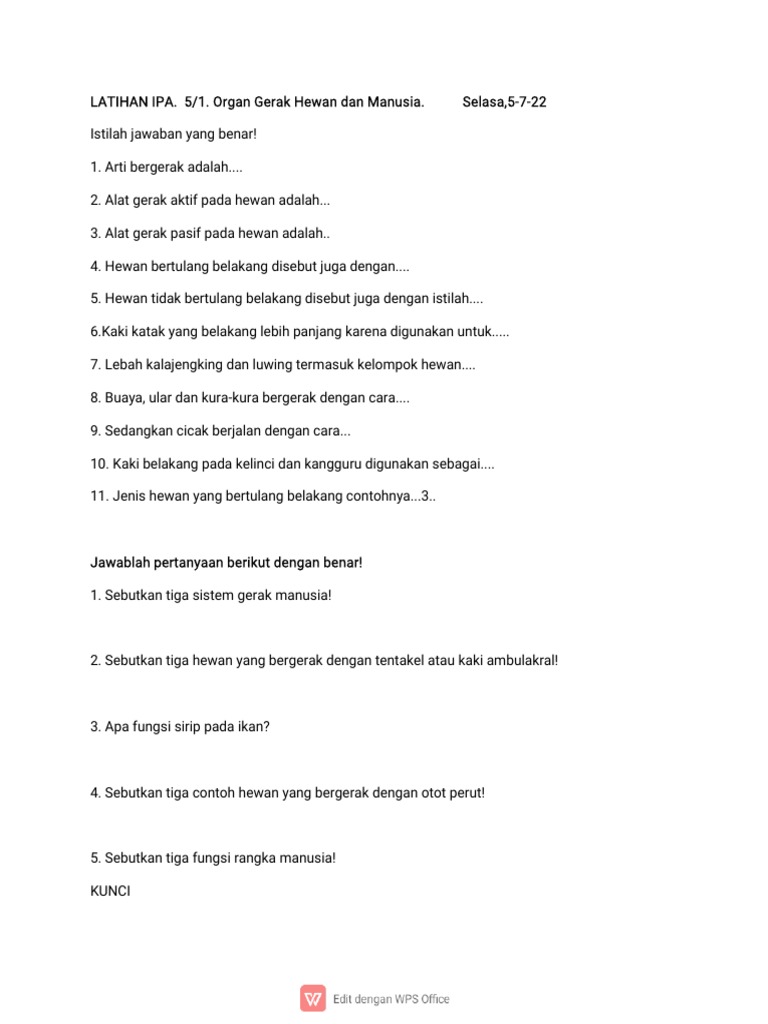 LATIHAN IPA. 5 Sms 1 Organ Gerak Hewan Dan Manusia-WPS Office | PDF