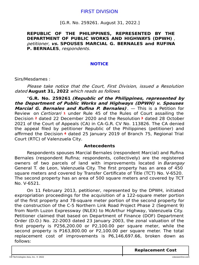 Expropriation Case: Republic vs. Bernales | PDF | Eminent Domain | Just ...