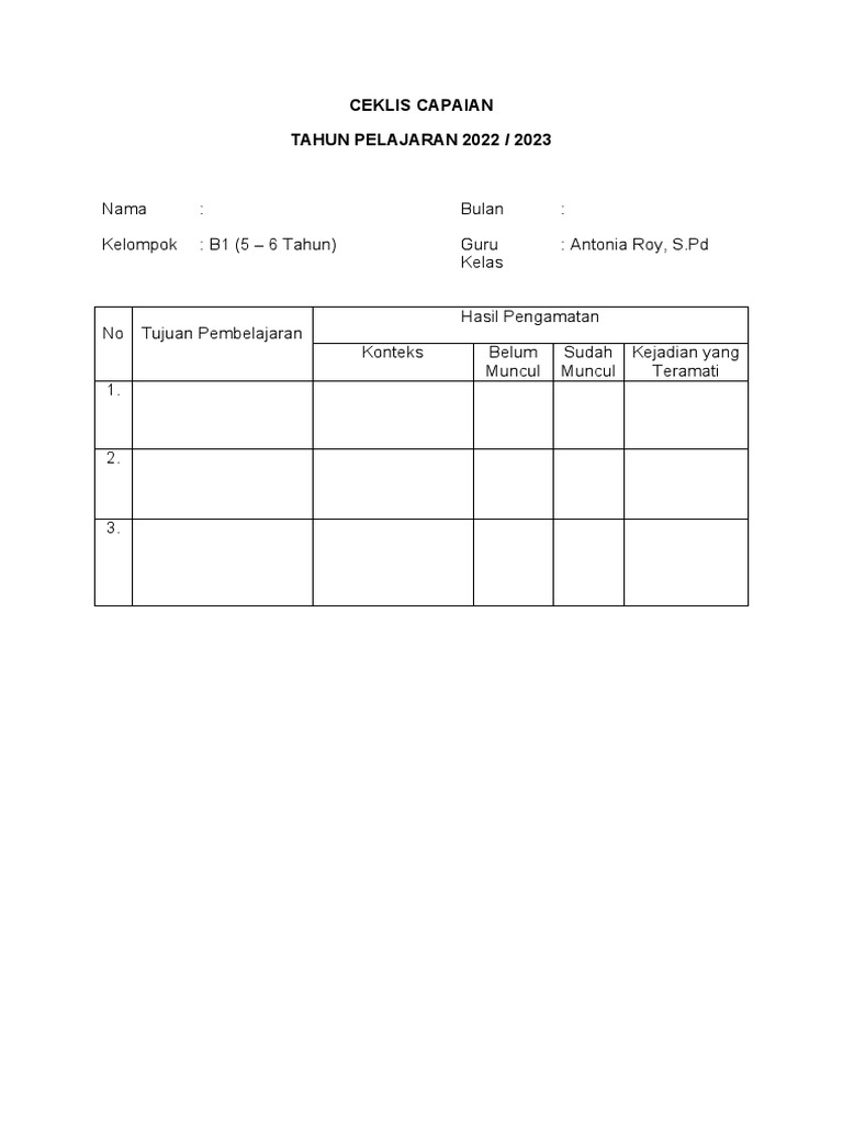 Contoh Lembar Ceklis Pembelajaran | PDF