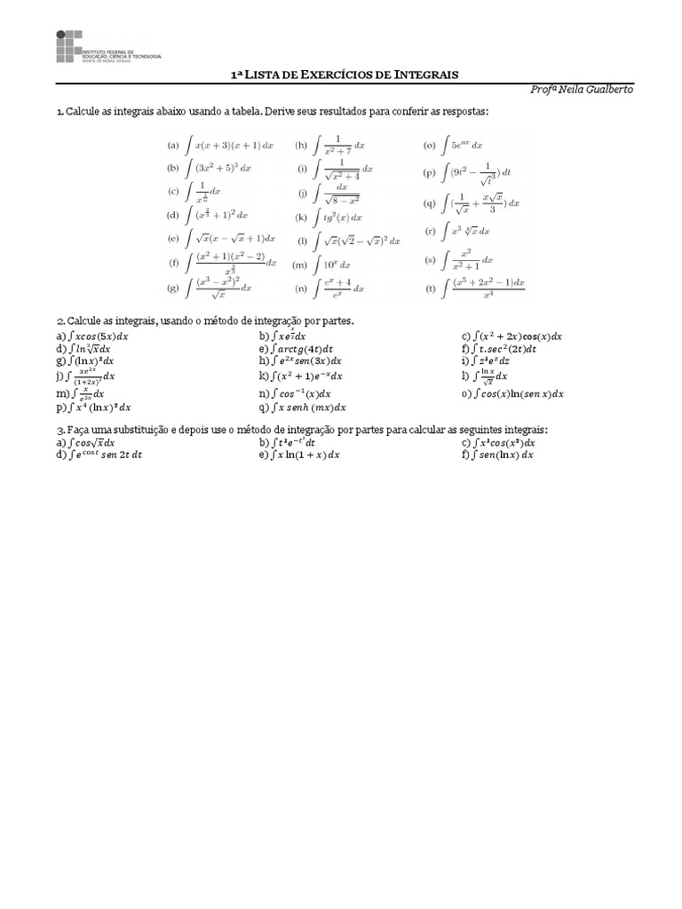 1 Lista de Integrais - Substituição e Por Partes | PDF