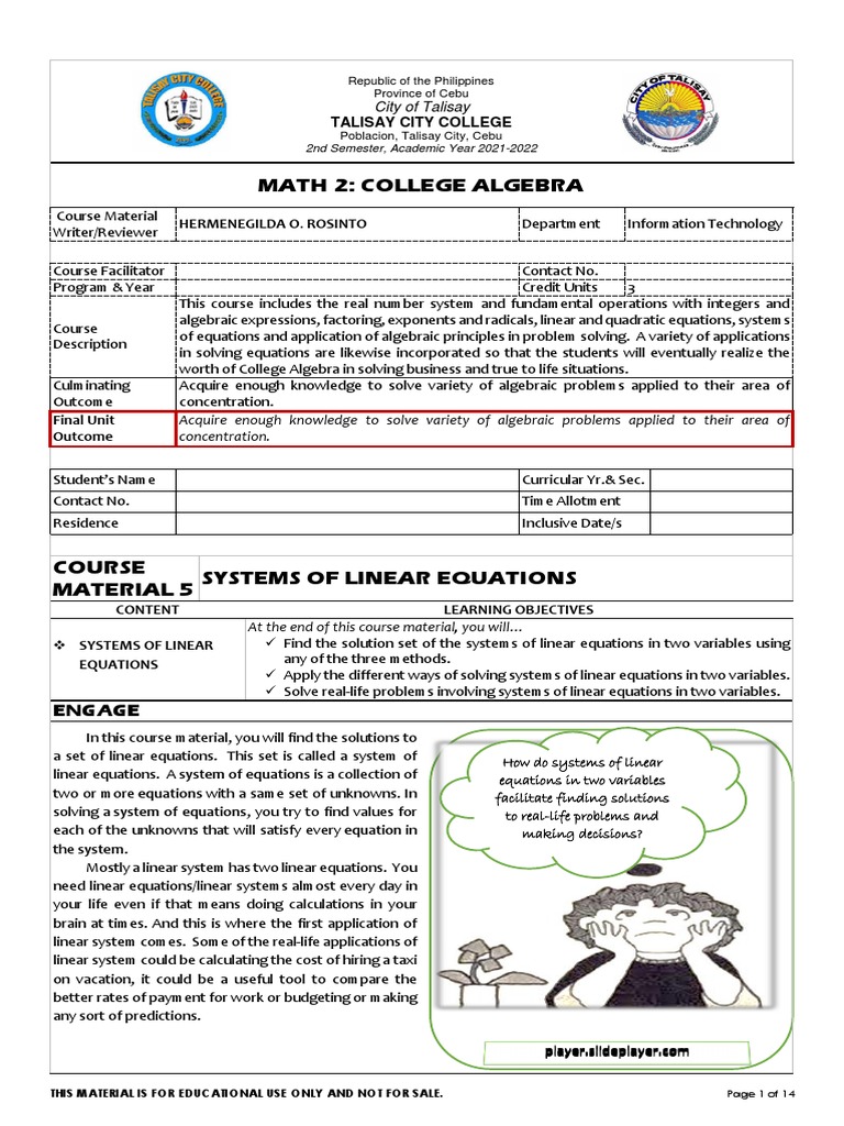 Updated Course Material 5 in Math 2 For 2nd Semester 2021 2022 For Distribution | PDF ...