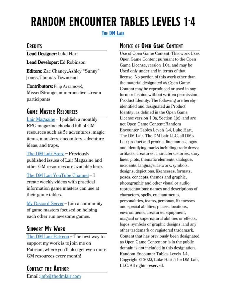 Random Encounter Tables Levels 1 4 | PDF