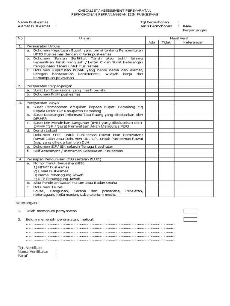 Format Checklist Permohonan Ijin Puskesmas - Edit | PDF