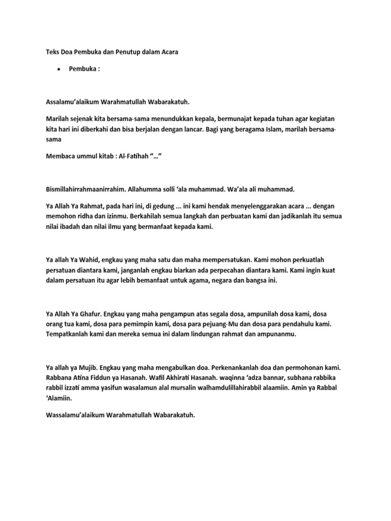 Teks Doa Pembuka Dan Penutup Dalam Acara | PDF