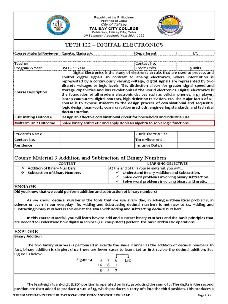 New Tech 122 Module 3 | PDF | Electronics | Subtraction