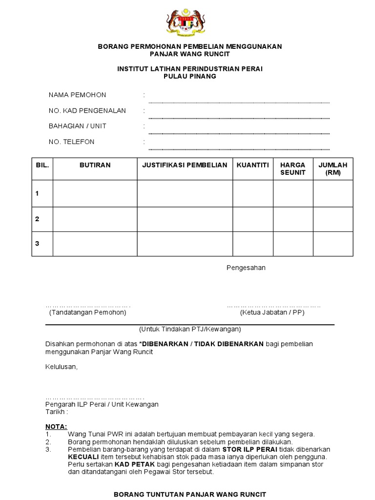 Borang Permohonan Pembelian Menggunakan Panjar Wang Runcit - Borang Kosong | PDF | Pengelolaan ...