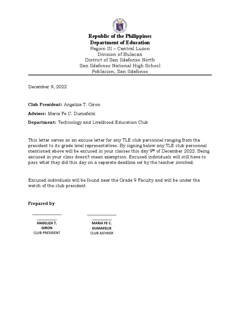 TLE Club Excuse Letter | PDF