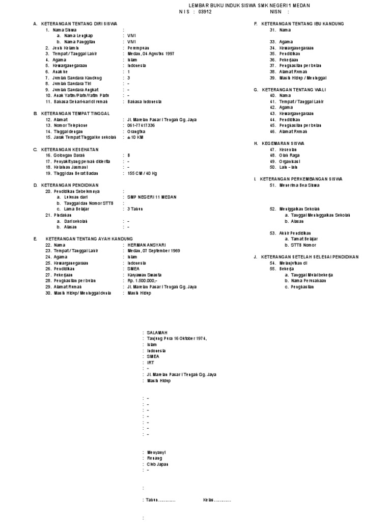 Bio Data Siswa Kelas X Ak 1 | PDF