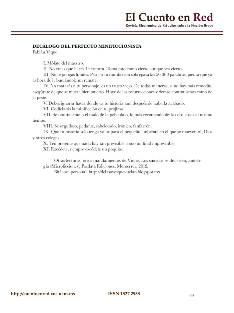 Vique Fabián - DECÁLOGO DEL PERFECTO MINIFICCIONISTA | PDF