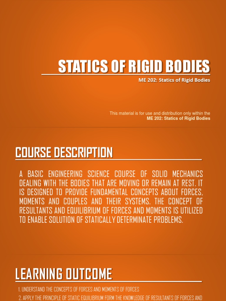 Statics of Rigid Bodies. 00. Course Outline | PDF | Force | Engineering