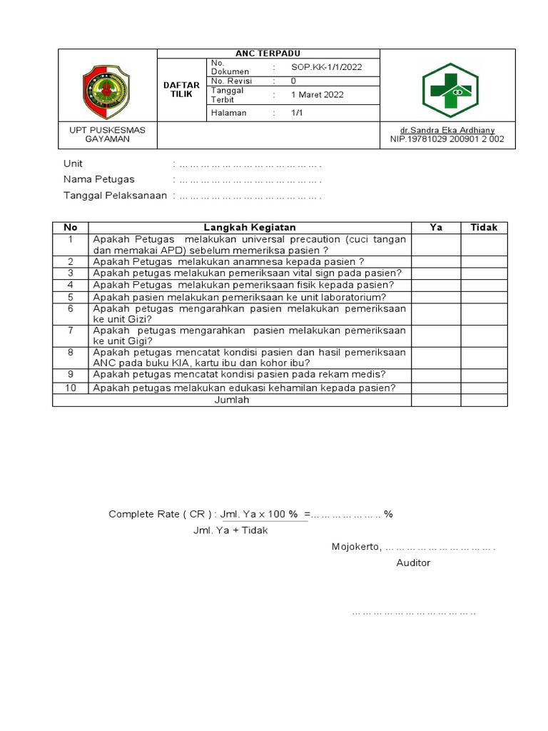 Daftar Tilik ANC Terpadu | PDF