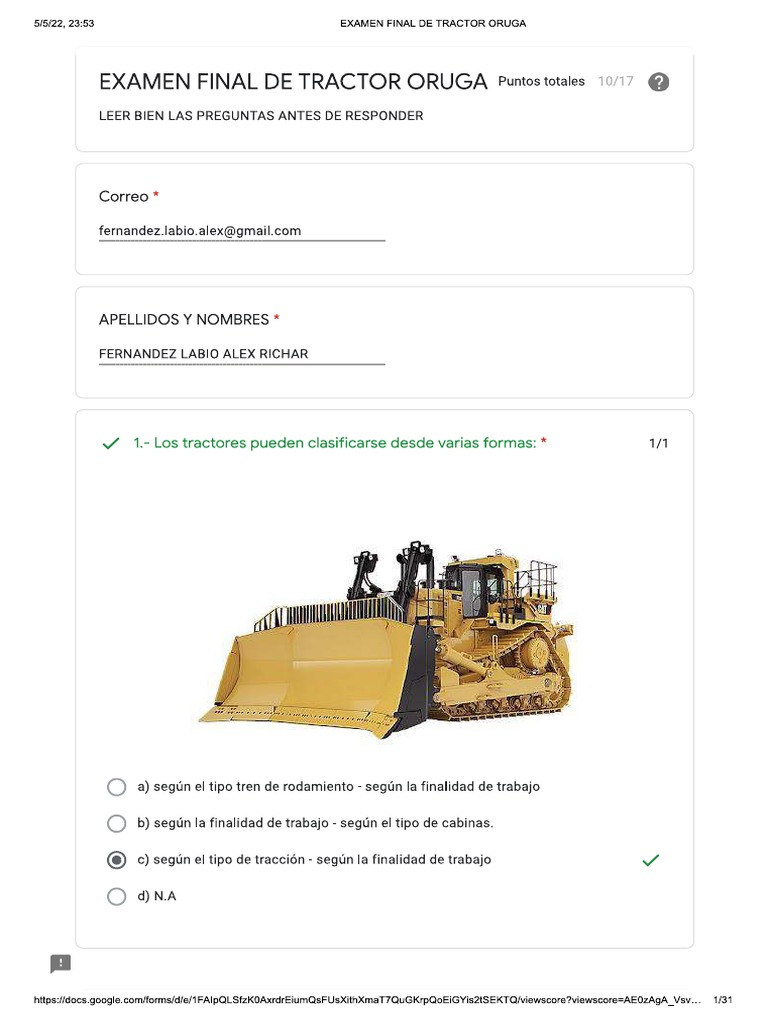 Examen Final de Tractor Oruga | PDF