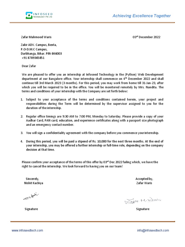 Signed Internship Offer Letter | PDF