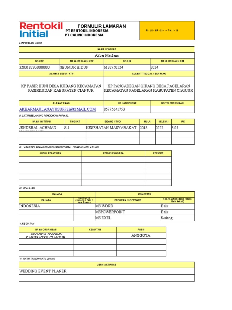 03 Form Aplikasi Rentokil Initial 2019 | PDF