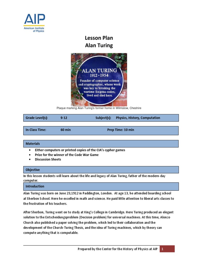 Alan Turing Lesson Plan | PDF | Alan Turing | Information