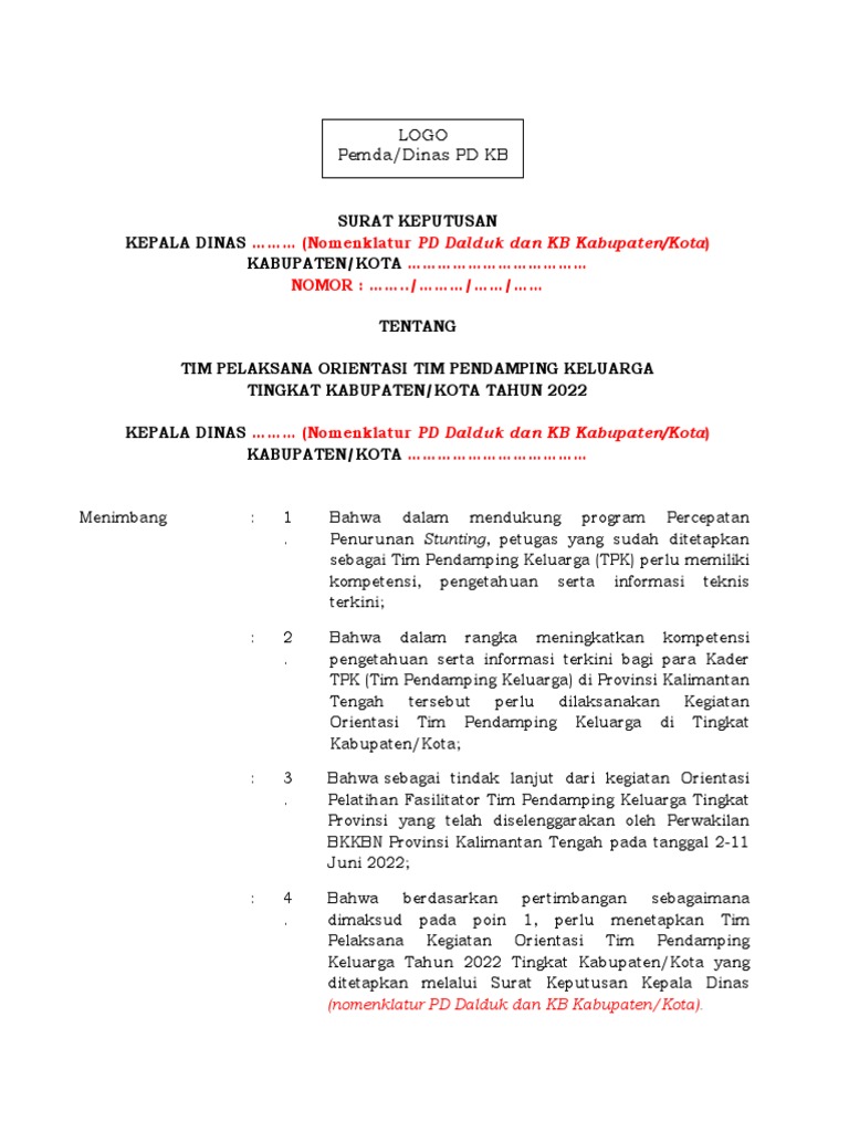 SK Panitia Pelaksana Orientasi TPK Kabupaten Kota Tahun 2022 | PDF